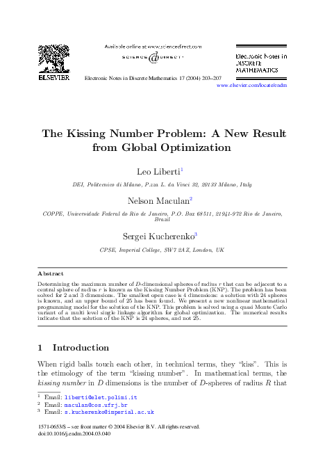 (PDF) The Kissing Number Problem: A New Result from Global Optimization
