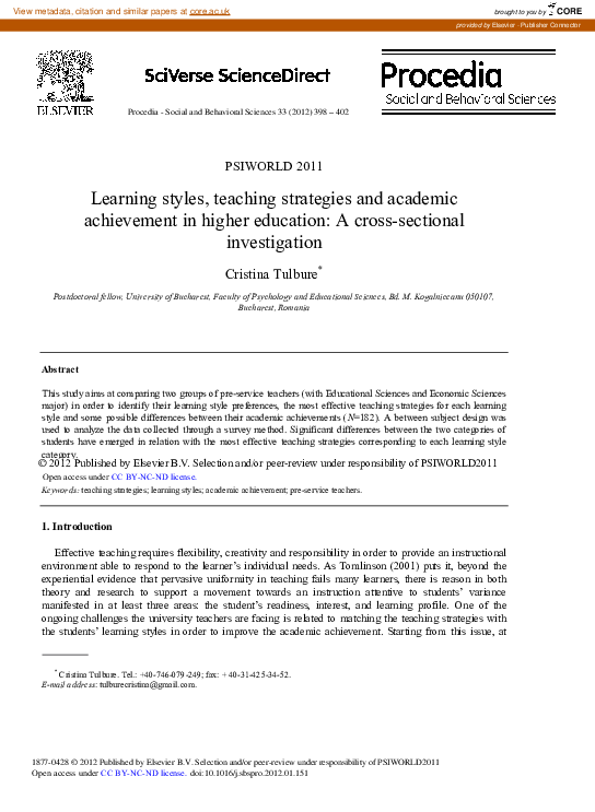 (PDF) Learning styles, teaching strategies and academic achievement in higher education: A cross ...