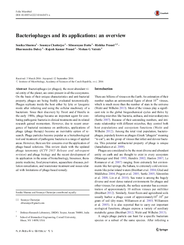 (PDF) Bacteriophages and its applications: an overview