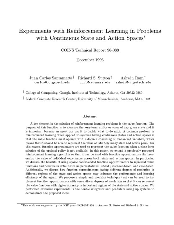 Pdf Experiments With Reinforcement Learning In Problems With
