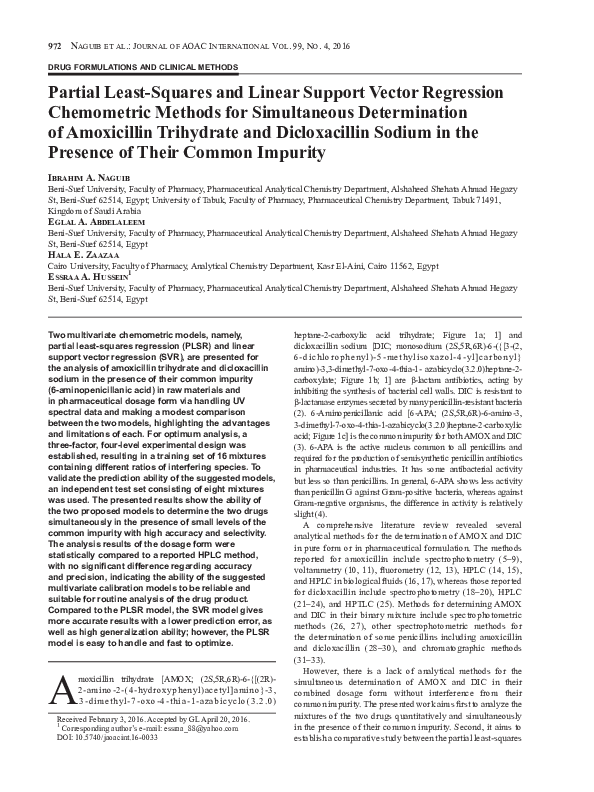 (PDF) Partial Least-Squares and Linear Support Vector Regression Chemometric Methods for ...