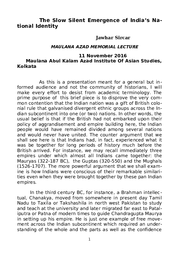 (PDF) The Slow Silent Emergence of India’s National Identity | Jawhar ...