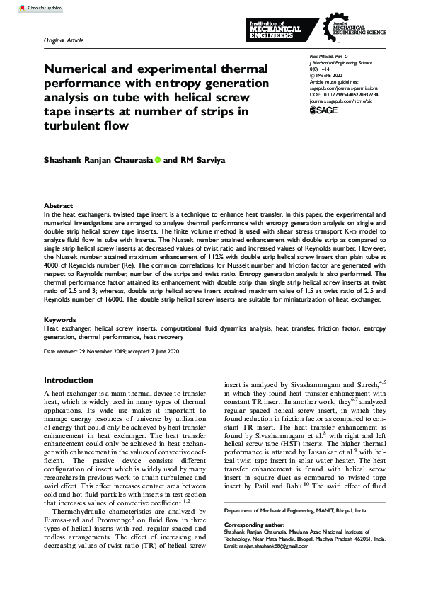 (PDF) Numerical and experimental thermal performance with entropy ...