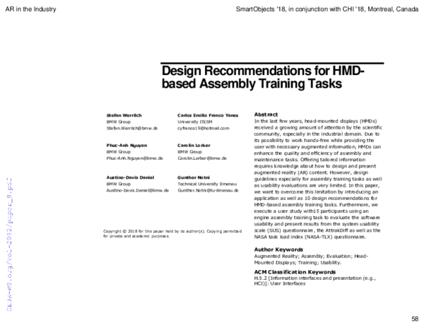 (PDF) Design Recommendations for HMD-based Assembly Training Tasks