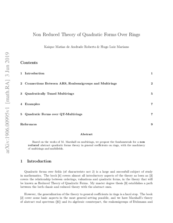 (PDF) Non Reduced Theory of Quadratic Forms Over Rings