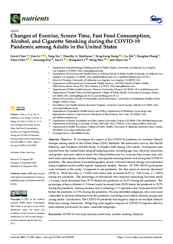 (PDF) Changes of Exercise, Screen Time, Fast Food Consumption, Alcohol ...