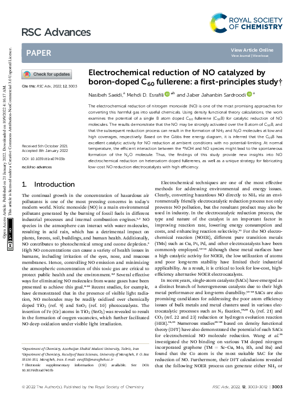 (PDF) Electrochemical reduction of NO catalyzed by boron-doped C60 fullerene: a first-principles ...