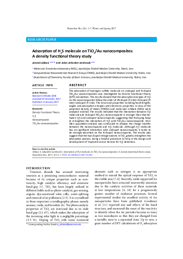 (PDF) Adsorption of H2S molecule on TiO2/Au nanocomposites: A density ...