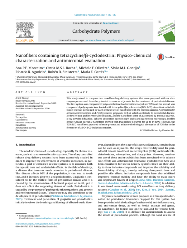 (PDF) Nanofibers containing tetracycline/β-cyclodextrin: Physico-chemical characterization and ...