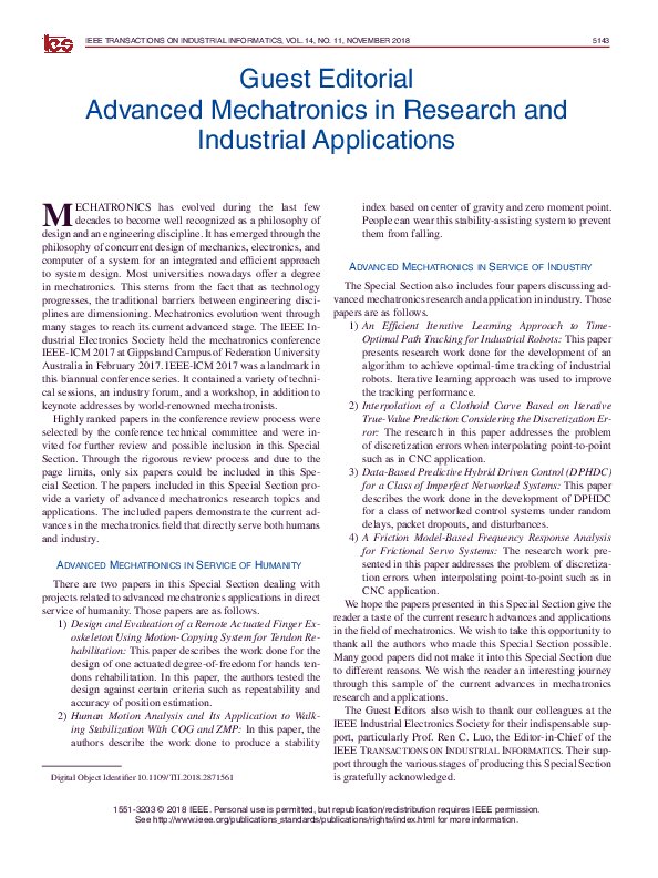 (PDF) Guest Editorial Advanced Mechatronics in Research and Industrial ...