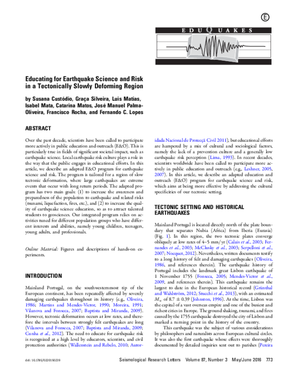 (PDF) Educating for Earthquake Science and Risk in a Tectonically ...