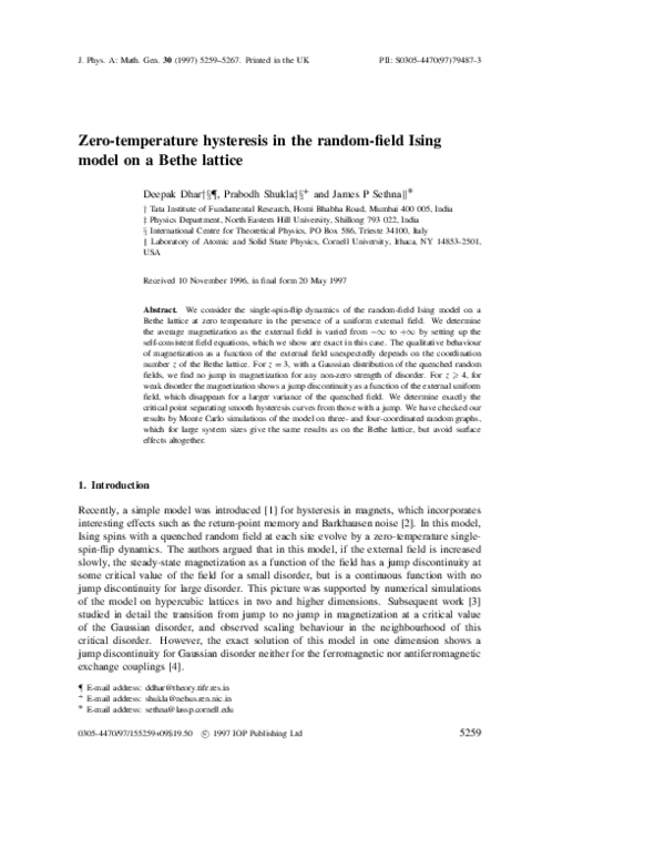 (PDF) Zero-temperature hysteresis in the random-field Ising model on a Bethe lattice | Eduard ...