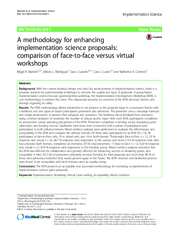 (PDF) A methodology for enhancing implementation science proposals: comparison of face-to-face ...
