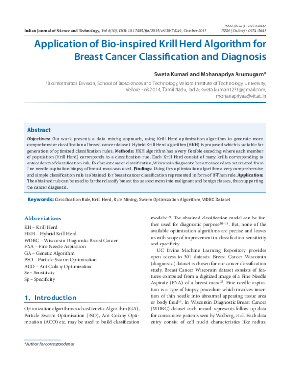 Pdf Application Of Bio Inspired Krill Herd Algorithm For Breast