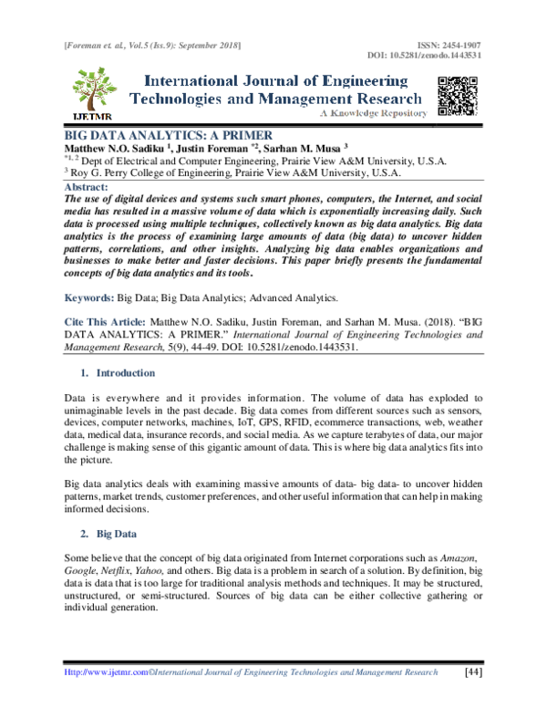 (PDF) Big Data Analytics: A Primer