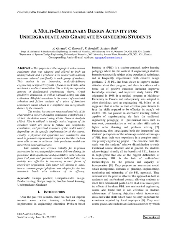 (PDF) Multi-Disciplinary Design Activity for Undergraduate and Graduate Engineering Students ...