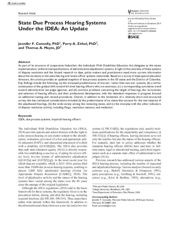 (PDF) State Due Process Hearing Systems Under the IDEA: An Update