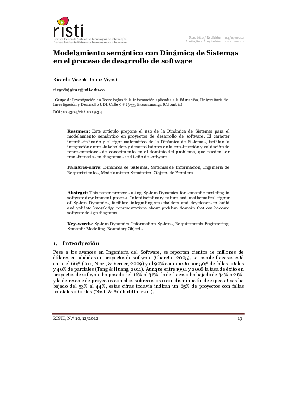 (PDF) Modelamiento semántico con Dinámica de Sistemas en el proceso de desarrollo de software
