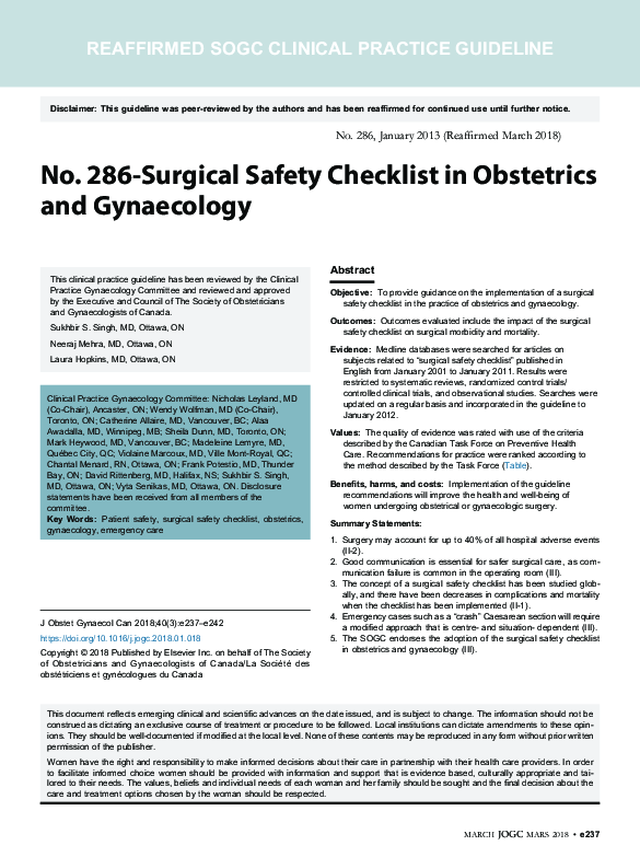 (PDF) No. 286-Surgical Safety Checklist in Obstetrics and Gynaecology