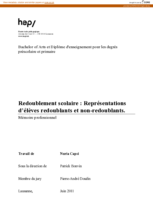(PDF) Redoublement scolaire: représentations d'élèves redoublants et ...