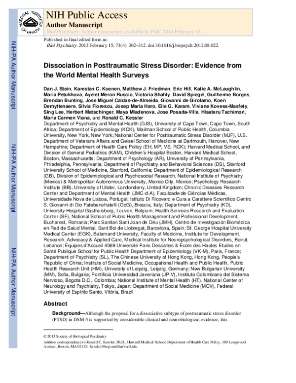 (PDF) Dissociation in Posttraumatic Stress Disorder: Evidence from the World Mental Health Surveys