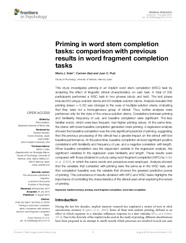 Pdf Priming In Word Stem Completion Tasks Comparison With Previous