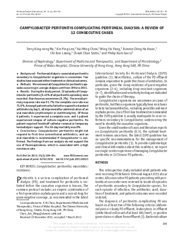 (PDF) Campylobacter Peritonitis Complicating Peritoneal Dialysis: A ...