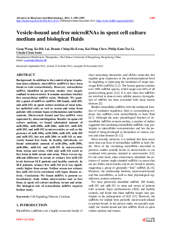 (PDF) Vesicle-bound and free microRNAs in spent cell culture medium and ...