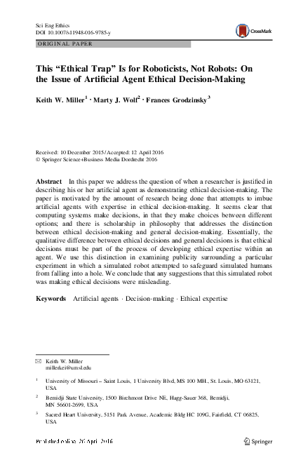 (PDF) This "Ethical Trap" Is for Roboticists, Not Robots: On the Issue ...