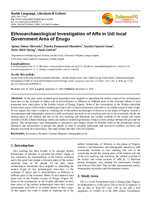 (PDF) Ethnoarchaeological Investigation of Affa in Udi local Government ...