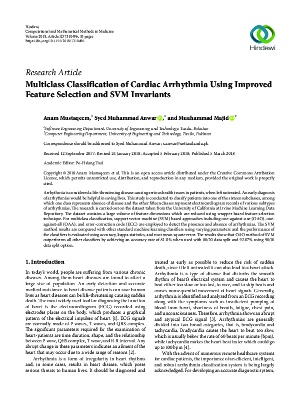 Pdf Multiclass Classification Of Cardiac Arrhythmia Using Improved Feature Selection And Svm
