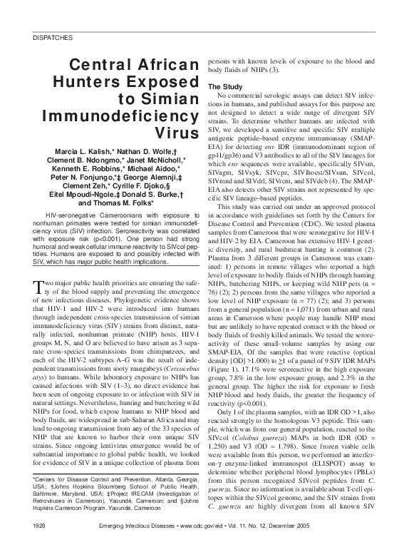 (PDF) Central African Hunters Exposed to Simian Immunodeficiency Virus