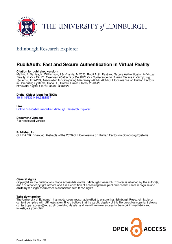 (PDF) RubikAuth: Fast and Secure Authentication in Virtual Reality | mohamed khamis - Academia.edu