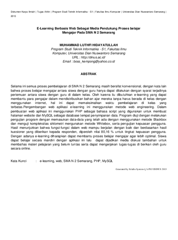 (PDF) E-Learning Berbasis Web Sebagai Media Pendukung Proses belajar Mengajar Pada SMA N 2 ...