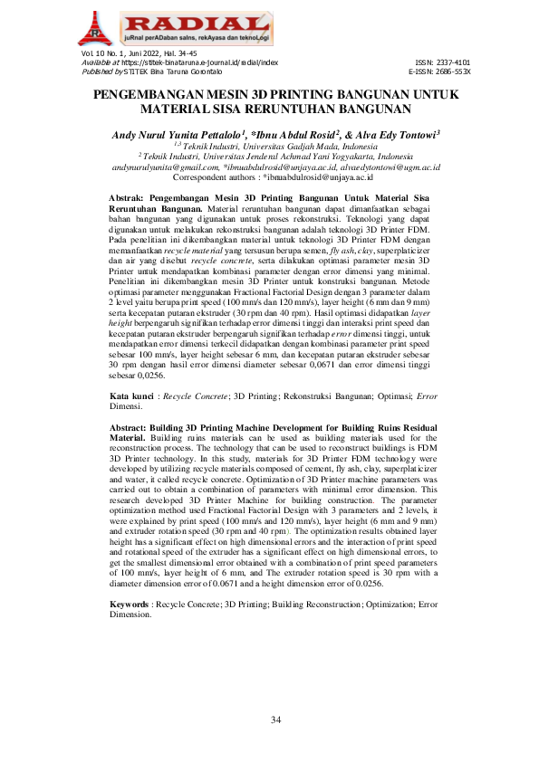 (PDF) Pengembangan Mesin 3D Printing Bangunan Untuk Material Sisa Reruntuhan Bangunan