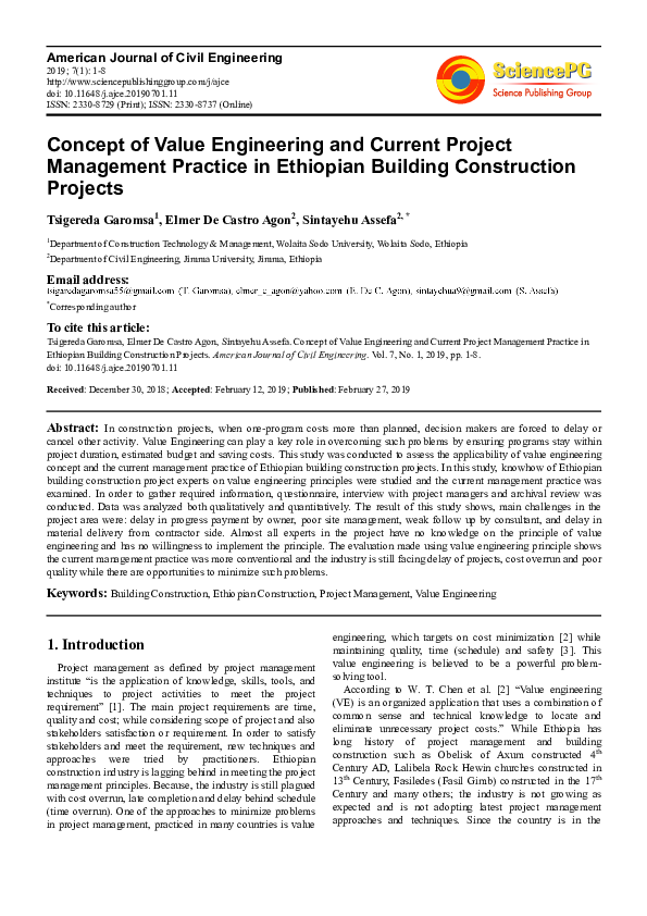 (PDF) Concept of Value Engineering and Current Project Management Practice in Ethiopian Building ...