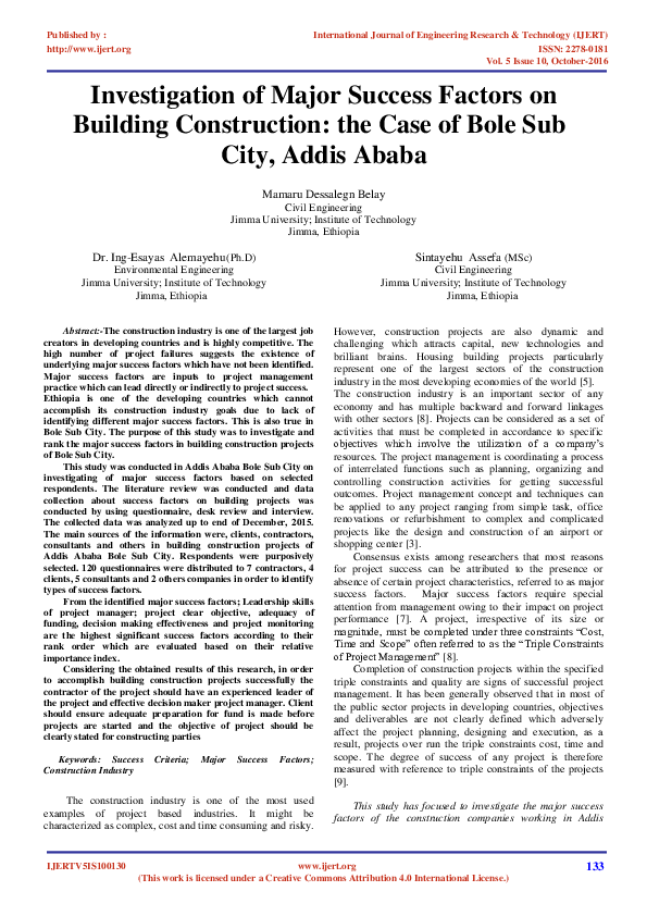 (PDF) Investigation of Major Success Factors on Building Construction: the Case of Bole Sub City ...