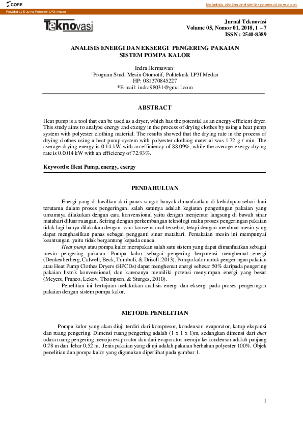 (PDF) Analisis Energi Dan Eksergi Pengering Pakaian Sistem Pompa Kalor