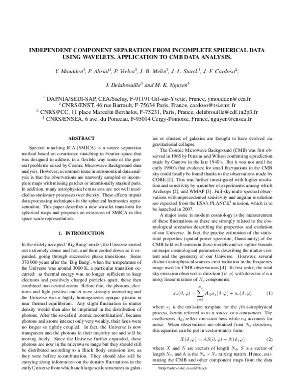 Pdf Independent Component Separation From Incomplete Spherical Data Using Wavelets