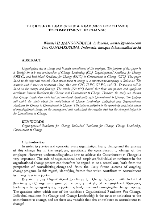 (PDF) The Role Of Leadership & Readiness For Change To Commitment To Change