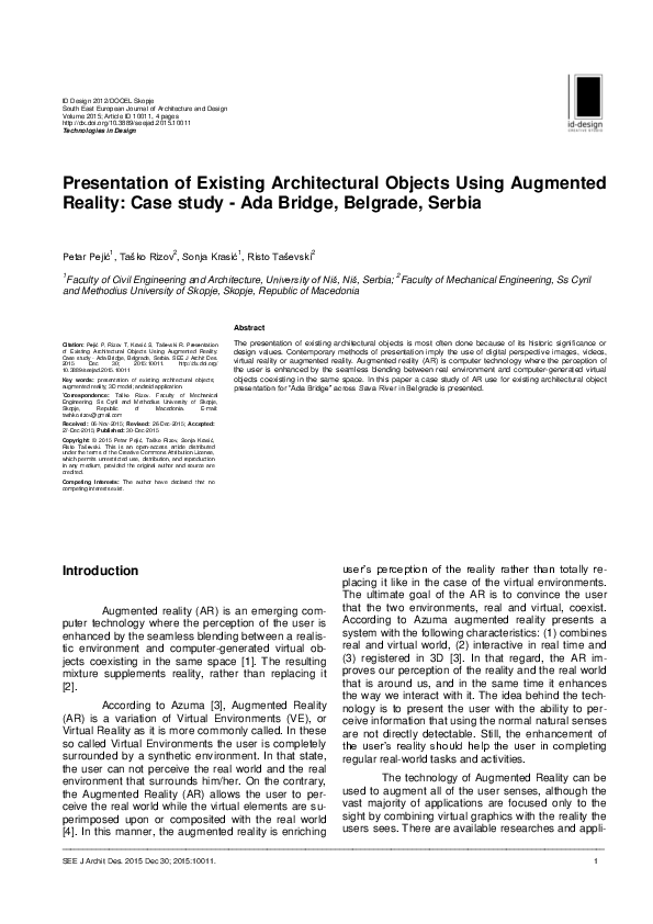 (PDF) Presentation of Existing Architectural Objects Using Augmented Reality: Case study - Ada ...