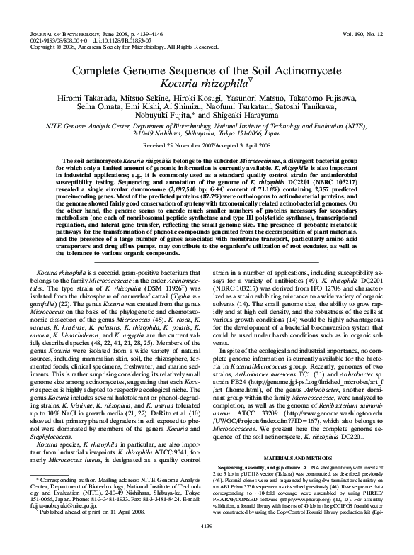 (PDF) Complete Genome Sequence of the Soil Actinomycete Kocuria rhizophila