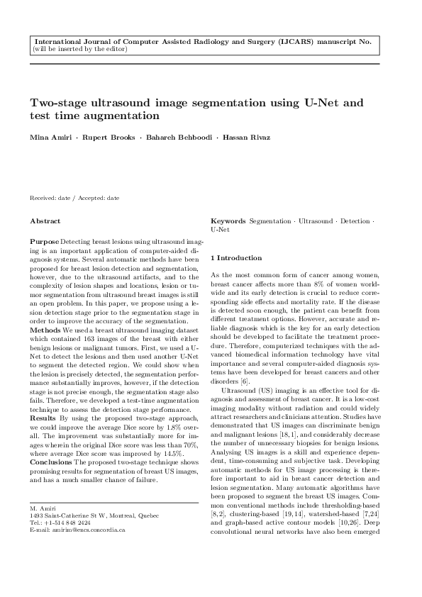 (PDF) Two-stage ultrasound image segmentation using U-Net and test time ...