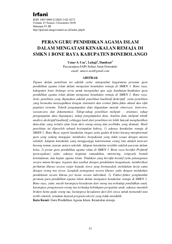 (PDF) Peran Guru Pendidikan Agama Islam Dalam Mengatasi Kenakalan Remaja Di SMKN 1 Bone Raya ...