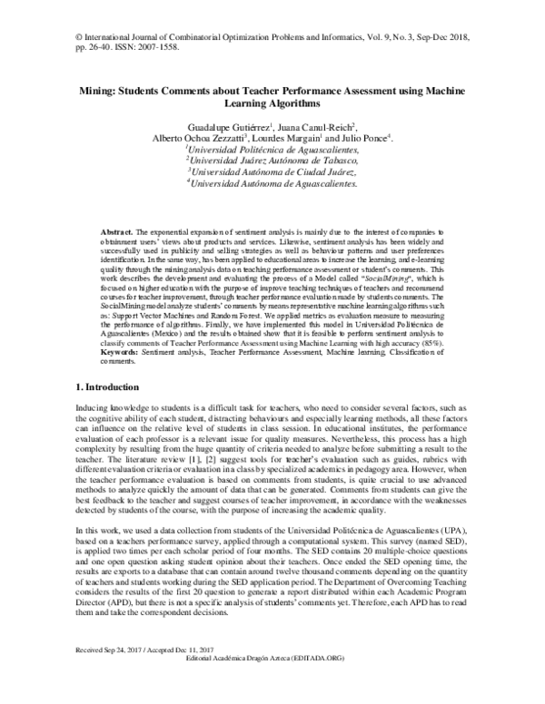 (PDF) Mining: Students Comments about Teacher Performance Assessment using Machine Learning ...