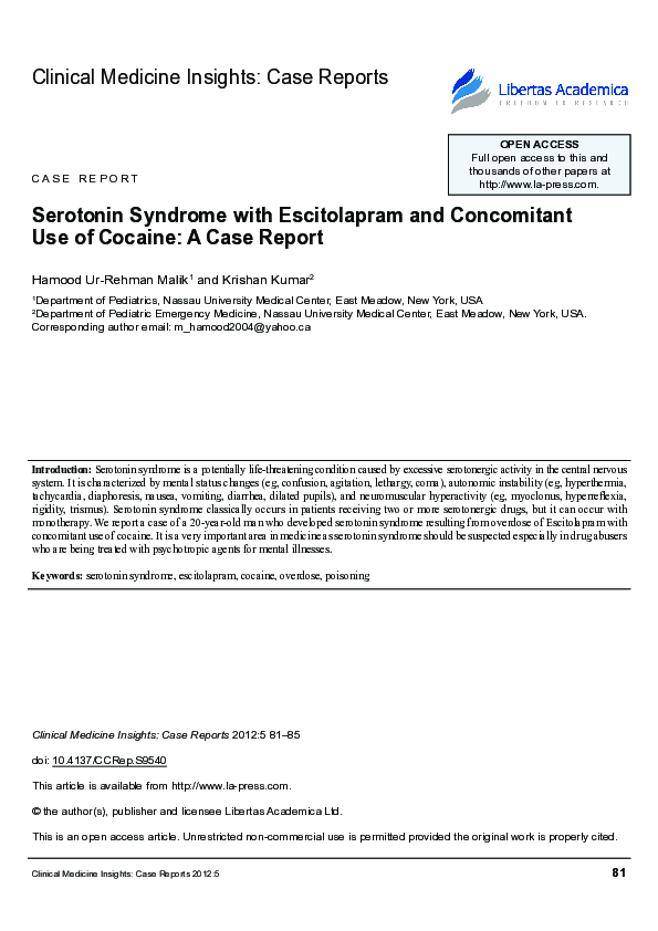 (PDF) Serotonin syndrome with escitolapram and concomitant use of ...