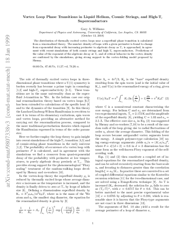 (PDF) Vortex-Loop Phase Transitions in Liquid Helium, Cosmic Strings, and High-TcSuperconductors ...