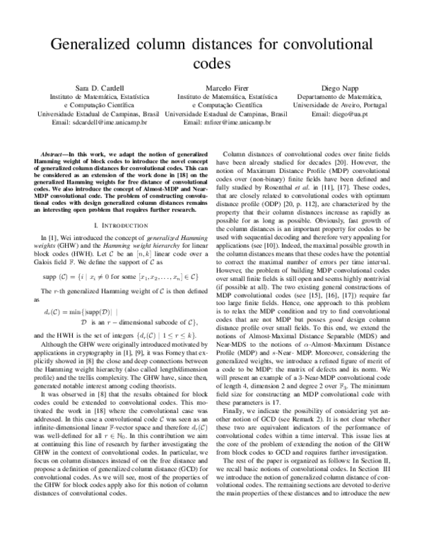 (PDF) Generalized column distances for convolutional codes