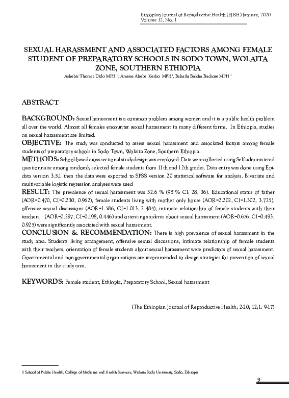 (PDF) Sexual Harassment and Associated Factors Among Female Student of All Preparatory Schools ...