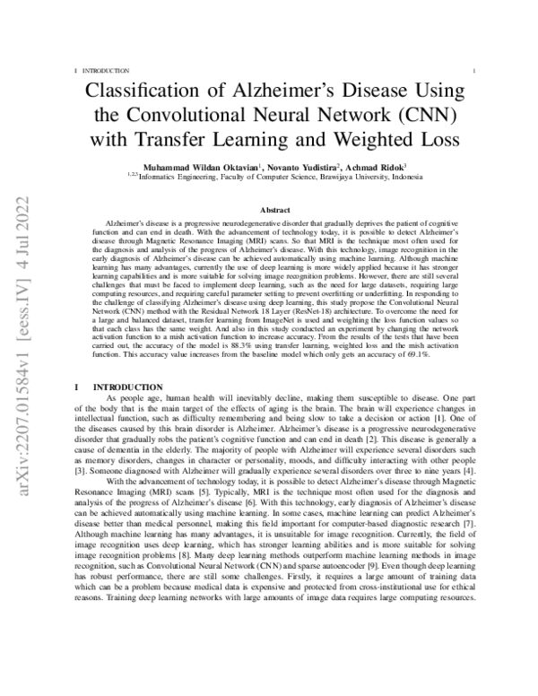 (PDF) Classification of Alzheimer's Disease Using Convolutional Neural Networks